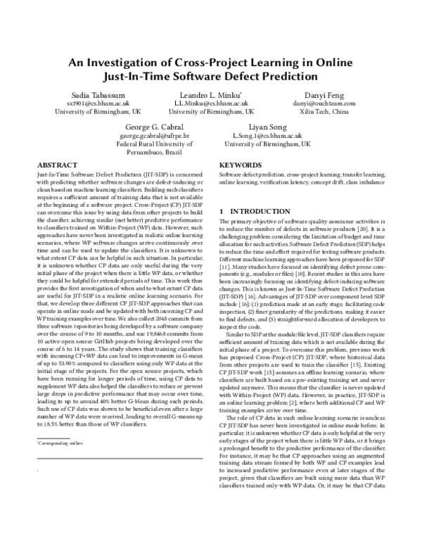 Pdf An Investigation Of Cross Project Learning In Online Just In Time Software Defect Prediction