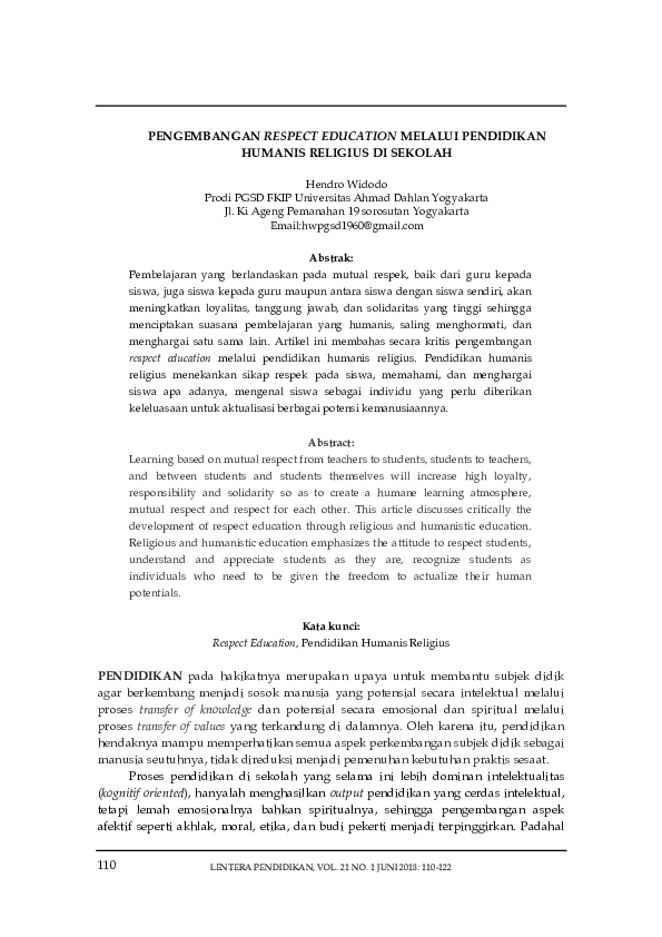 (PDF) Pengembangan Respect Education Melalui Pendidikan Humanis Religius DI Sekolah