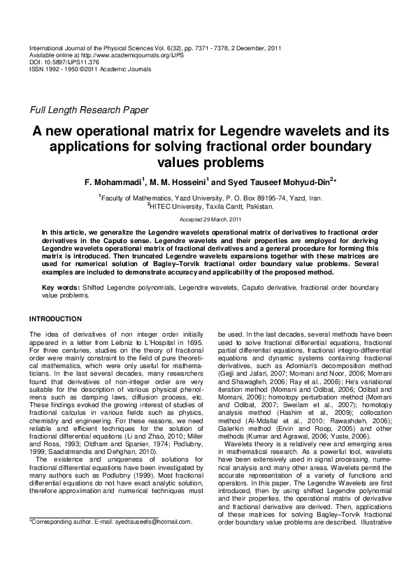 (PDF) A new operational matrix for Legendre wavelets and its applications for solving fractional ...