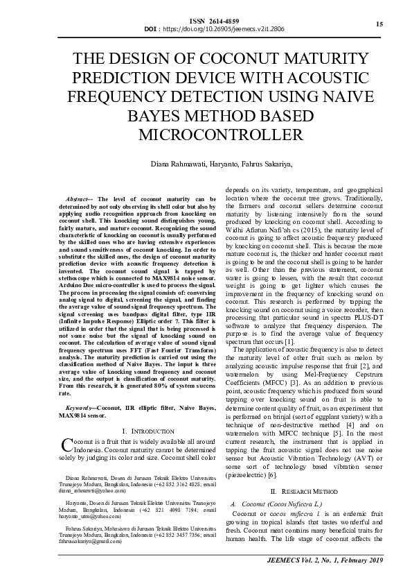 Pdf The Design Of Coconut Maturity Prediction Device With Acoustic Frequency Detection Using
