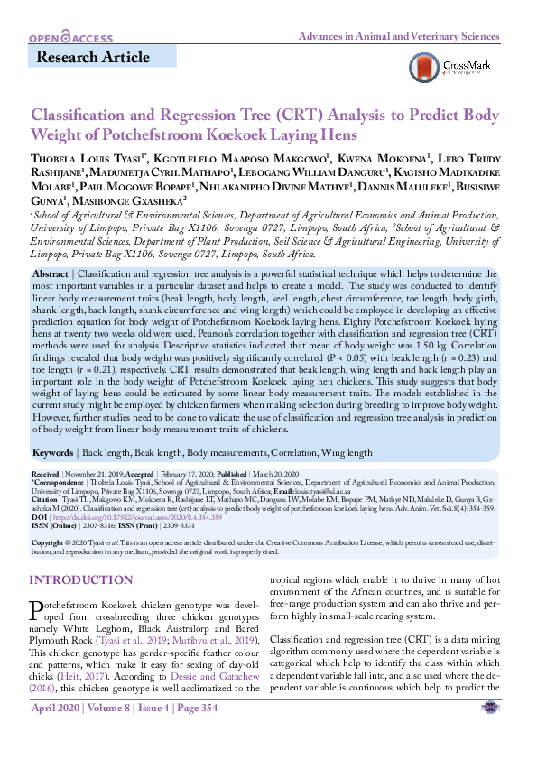 (PDF) Classification and Regression Tree (CRT) Analysis to Predict Body Weight of Potchefstroom ...