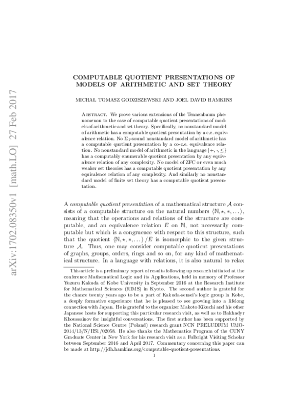 (PDF) Computable Quotient Presentations of Models of Arithmetic and Set Theory