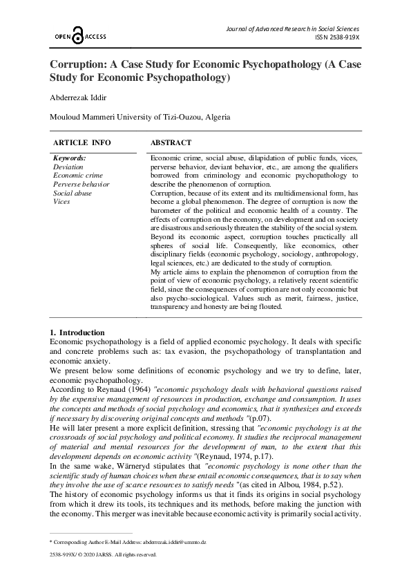 (PDF) Corruption: A Case Study for Economic Psychopathology