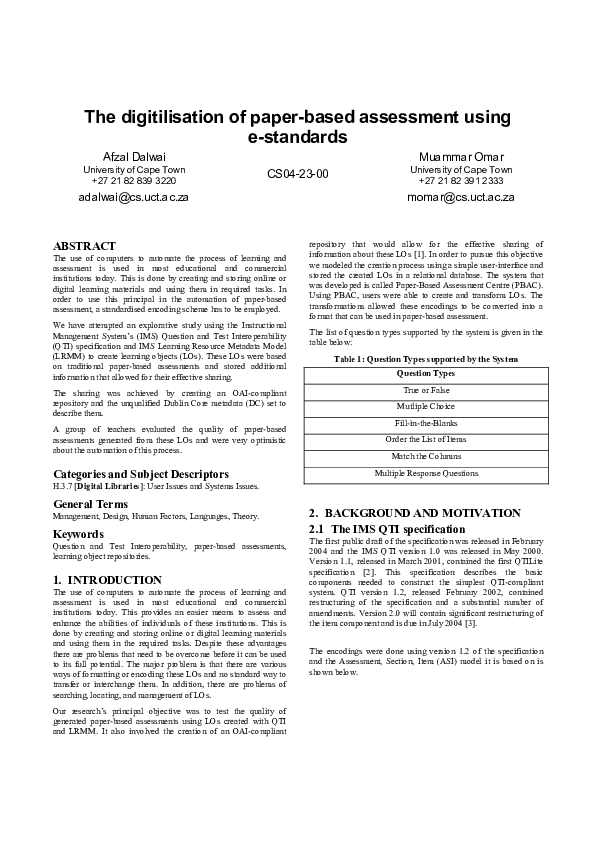 (PDF) The digitilisation of paper-based assessment using e-standards