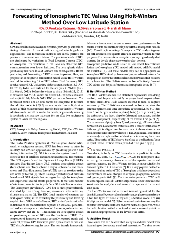 (PDF) Forecasting of Ionospheric TEC Values Using Holt-Winters Method Over Low Latitude Station ...