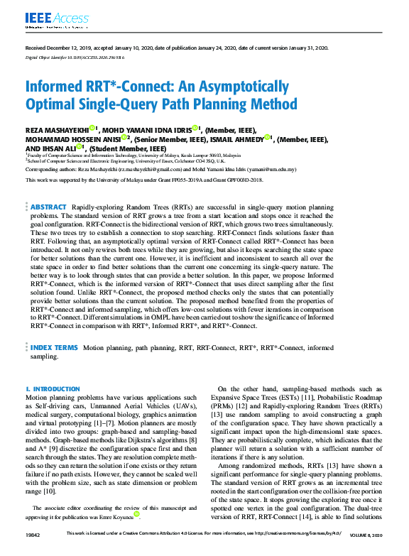 Pdf Informed Rrt Connect An Asymptotically Optimal Single Query Path Planning Method
