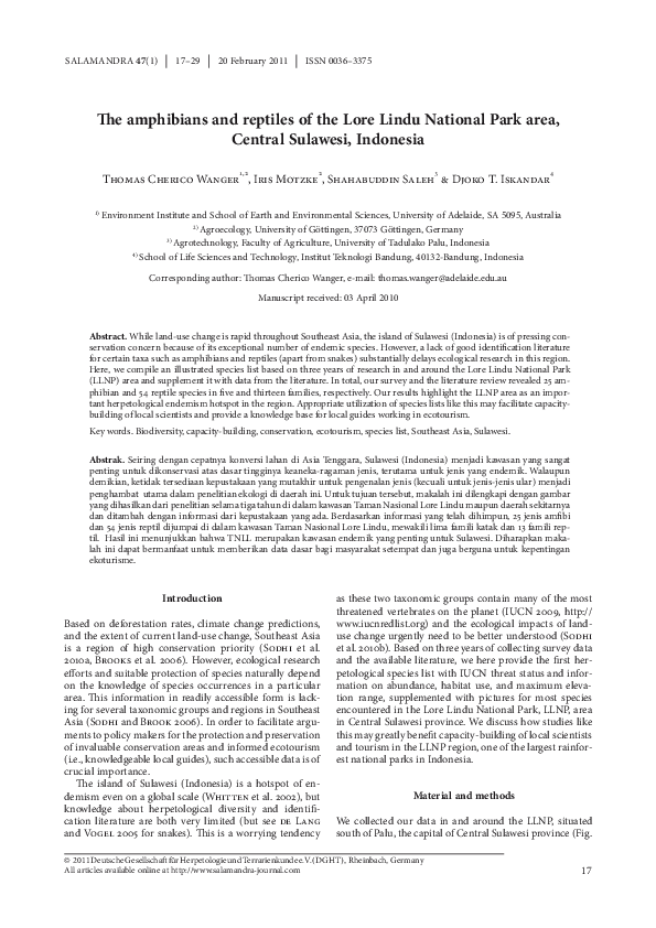 (PDF) The amphibians and reptiles of the Lore Lindu National Park area ...