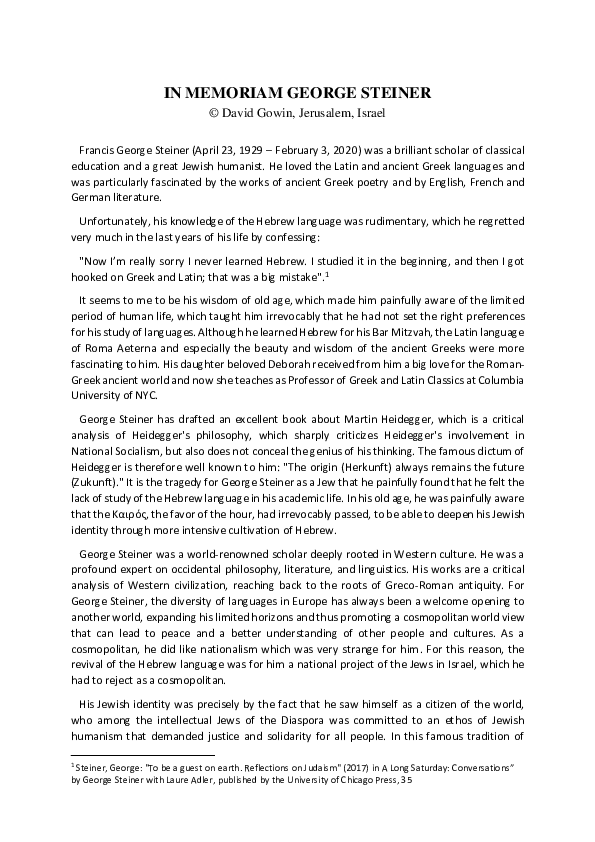 (PDF) IN MEMORIAM GEORGE STEINER