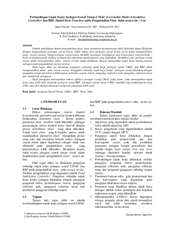 (PDF) Perbandingan Unjuk Kerja Jaringan Syaraf Tiruan CMAC (Cerrebellar Model ...