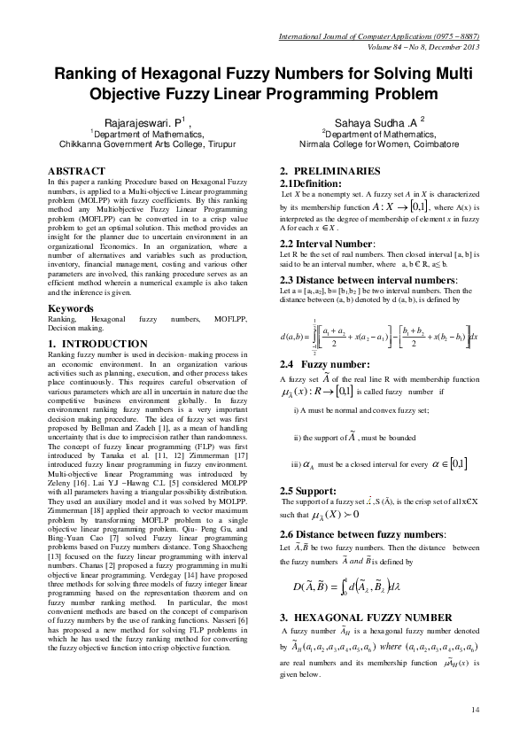 Pdf Ranking Of Hexagonal Fuzzy Numbers For Solving Multiobjective Fuzzy Linear Programming Problem 