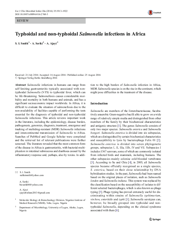 (PDF) Typhoidal and non-typhoidal Salmonella infections in Africa