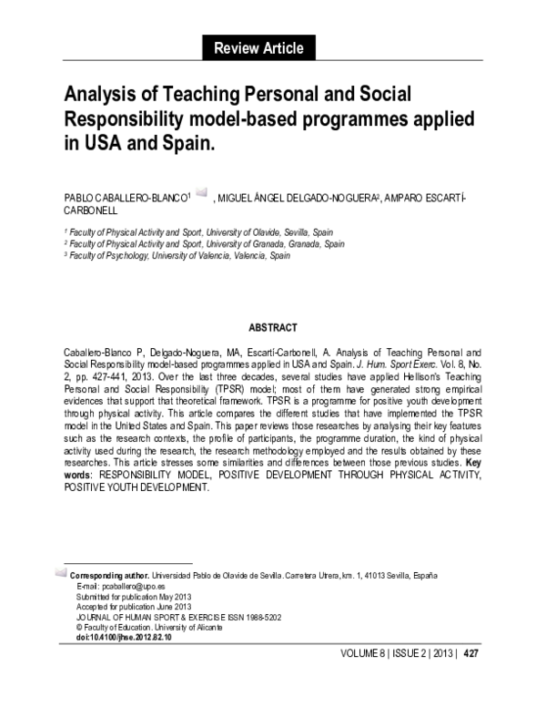 (PDF) Analysis of Teaching Personal and Social Responsibility model ...