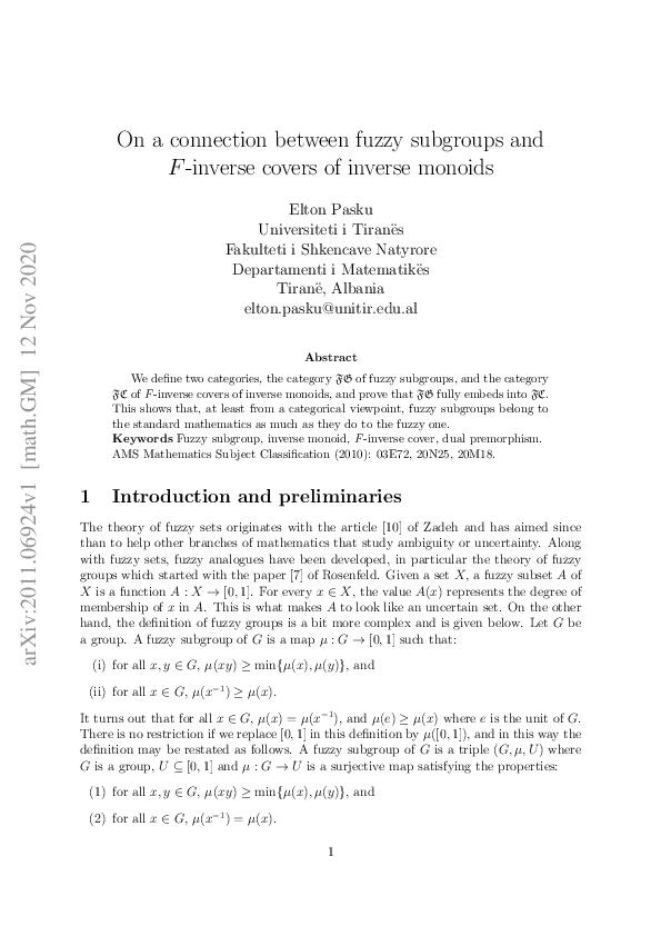 (PDF) On a connection between fuzzy subgroups and $F$-inverse covers of inverse monoids