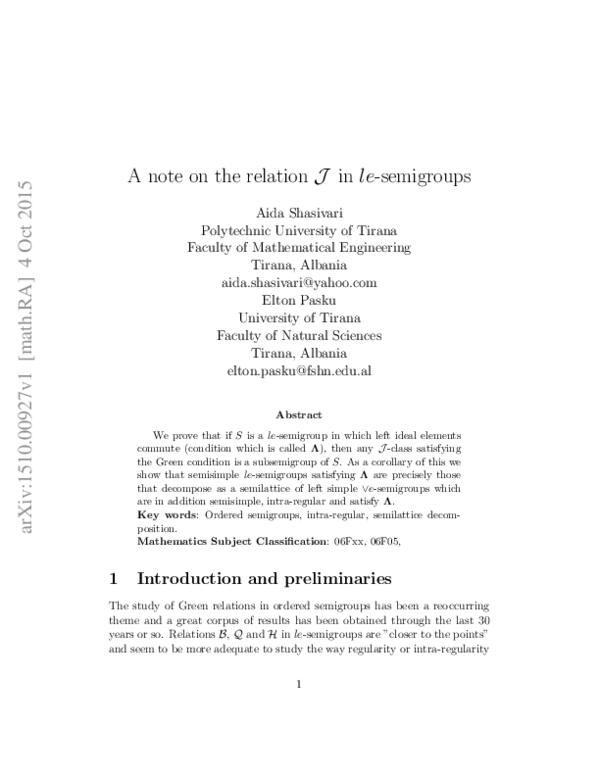(PDF) A note on the relation $\mathcal{J}$ in $le$-semigroups