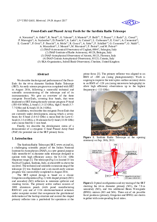 (PDF) Front-Ends and Phased Array Feeds for the Sardinia Radio Telescope