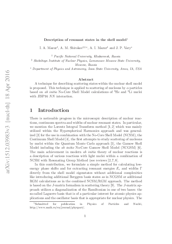 (PDF) Description of resonant states in the shell model