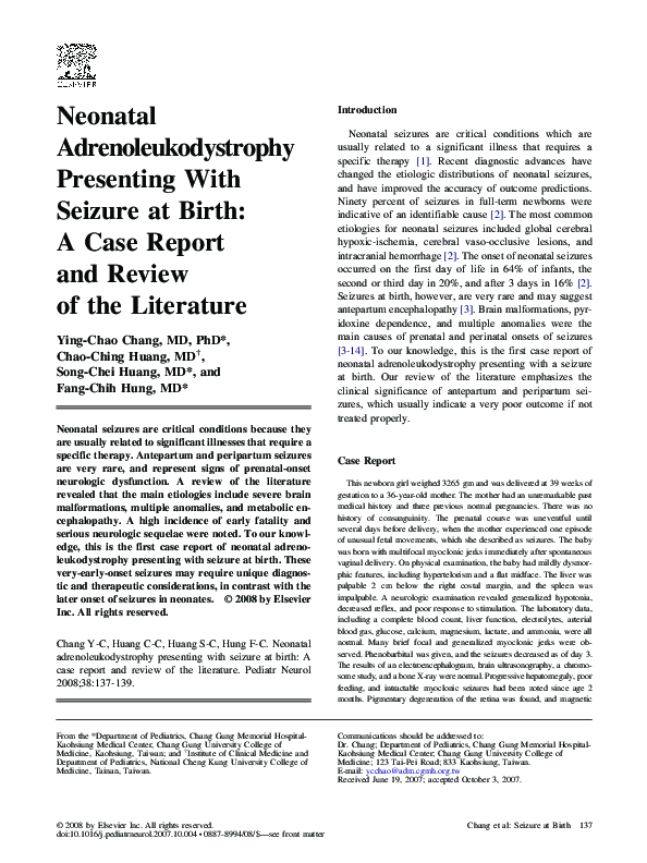 (PDF) Neonatal Adrenoleukodystrophy Presenting With Seizure at Birth: A ...
