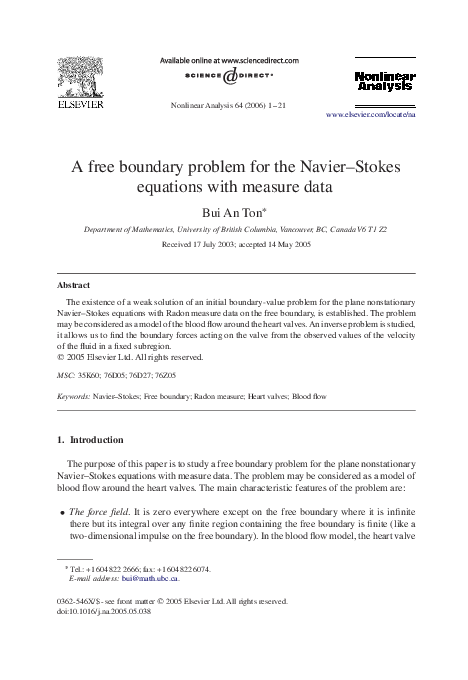 (PDF) A free boundary problem for the Navier–Stokes equations with ...
