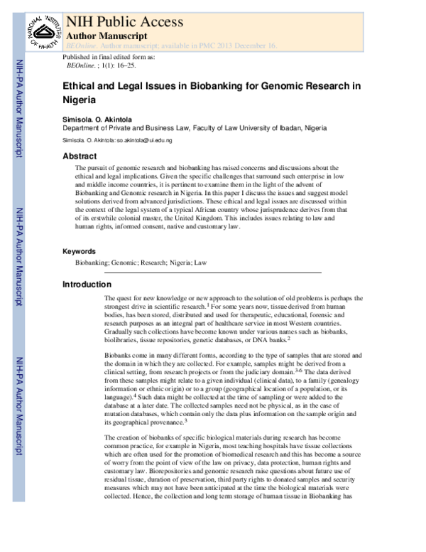 Ethical and Legal Issues in Biobanking for Genomic Research in Nigeria