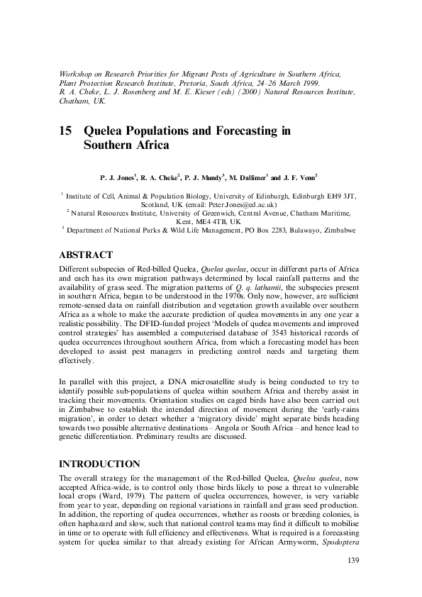 (PDF) 15 Quelea Populations and Forecasting in Southern Africa