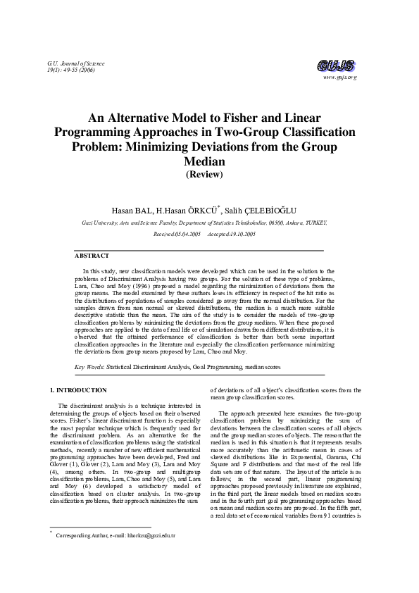 (PDF) An Alternative Model to Fisher and LinearProgramming Approaches in Two-Group ...