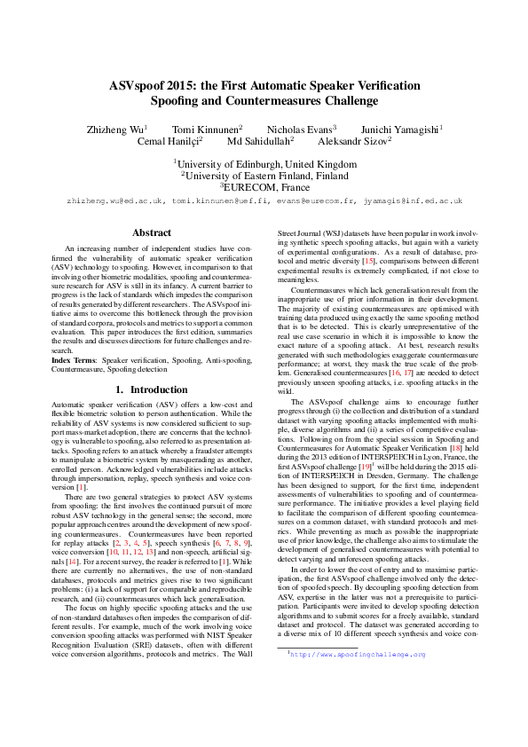 (PDF) ASVspoof 2015: the first automatic speaker verification spoofing and countermeasures challenge