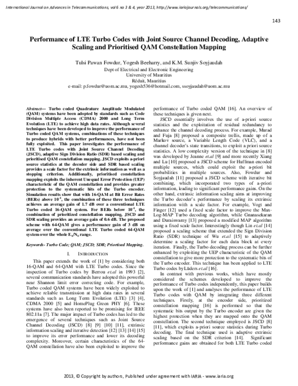 (PDF) Performance of LTE Turbo Codes with Joint Source Channel Decoding , Adaptive Scaling and ...