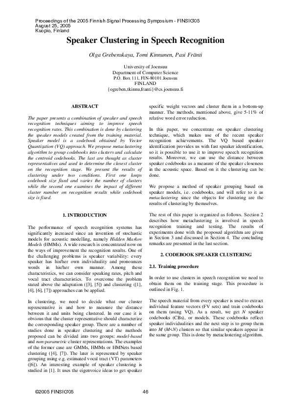 Pdf Kuopio Finland Speaker Clustering In Speech Recognition