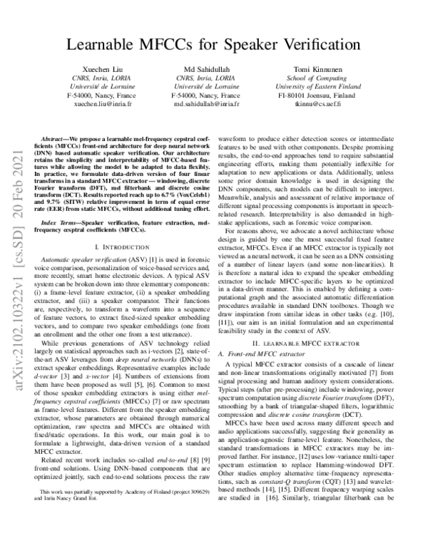 (PDF) Learnable MFCCs for Speaker Verification
