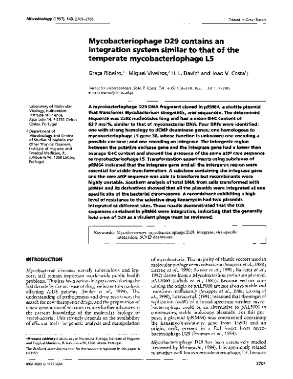 (PDF) Mycobacteriophage D29 contains an integration system similar to ...