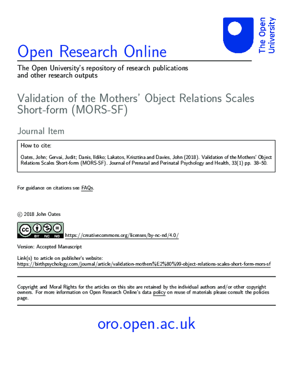 (PDF) Validation of the Mothers’ Object Relations Scales Short-form ...