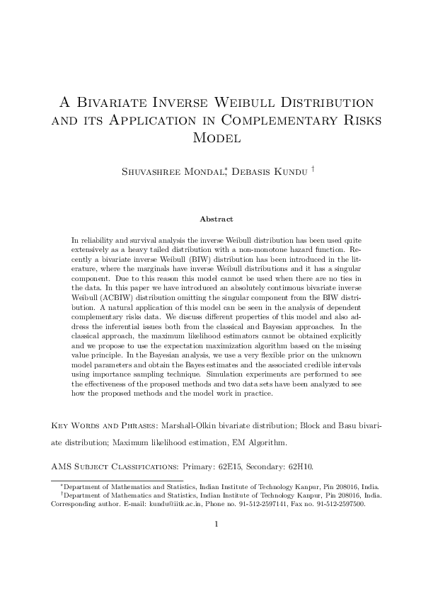Pdf A Bivariate Inverse Weibull Distribution And Its Application In Complementary Risks Model