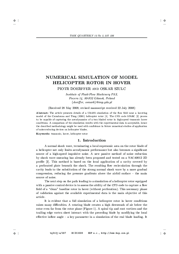 (PDF) Numerical Simulation of Model Helicopter Rotor in Hover