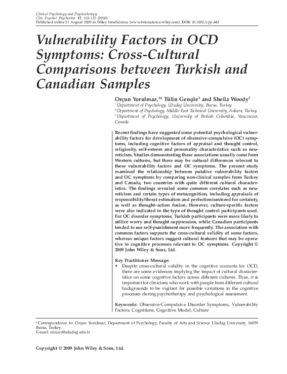 (PDF) Vulnerability Factors In OCD Symptoms: Cross-Cultural Comparisons ...