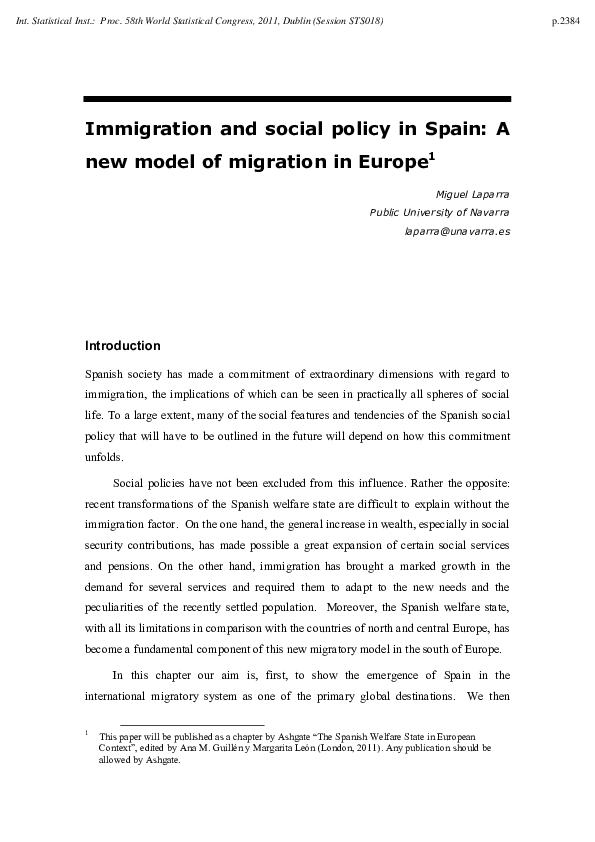 (PDF) Immigration and Social Policy in Spain: A New Model of Migration ...