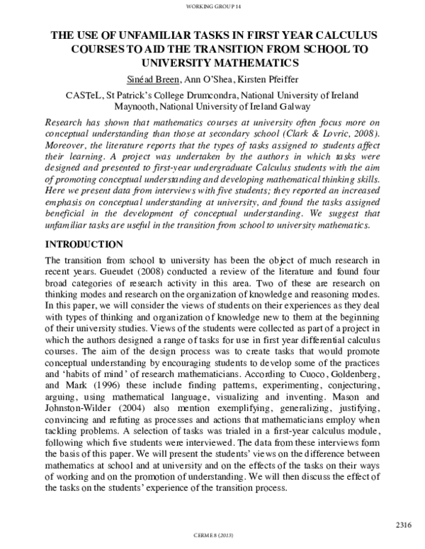 (PDF) The use of unfamiliar tasks in first year calculus courses to aid ...