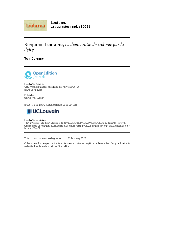 (PDF) Benjamin Lemoine, La démocratie disciplinée par la dette