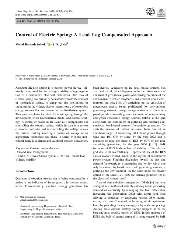 (PDF) Control of Electric Spring: A Lead–Lag Compensated Approach