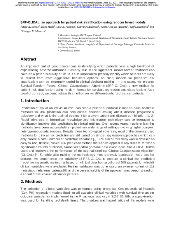 (PDF) SRF-CLICAL: an approach for patient risk stratification using random forest models