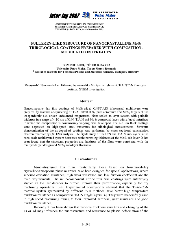 (PDF) FULLEREN-LIKE STRUCTURE OF NANOCRYSTALLINE MoS2 TRIBOLOGICAL COATINGS PREPARED WITH ...