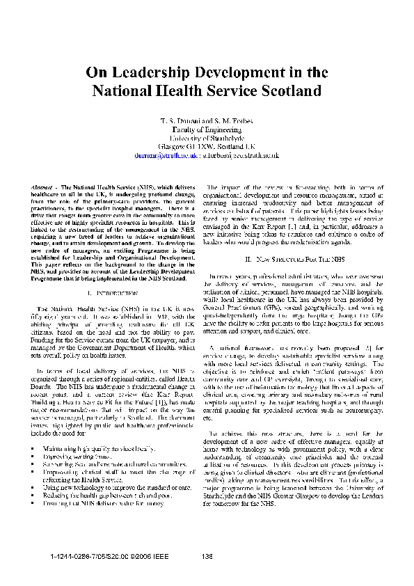 (PDF) On Leadership Development in the National Health Service Scotland