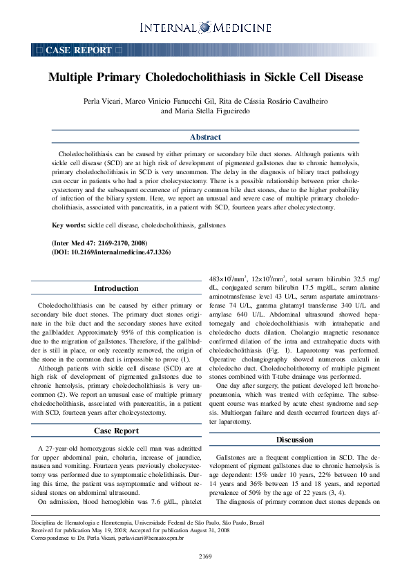 (PDF) Multiple primary choledocholithiasis in sickle cell disease