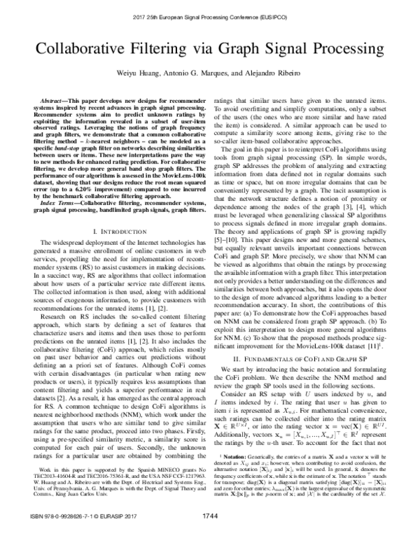 (PDF) Collaborative filtering via graph signal processing