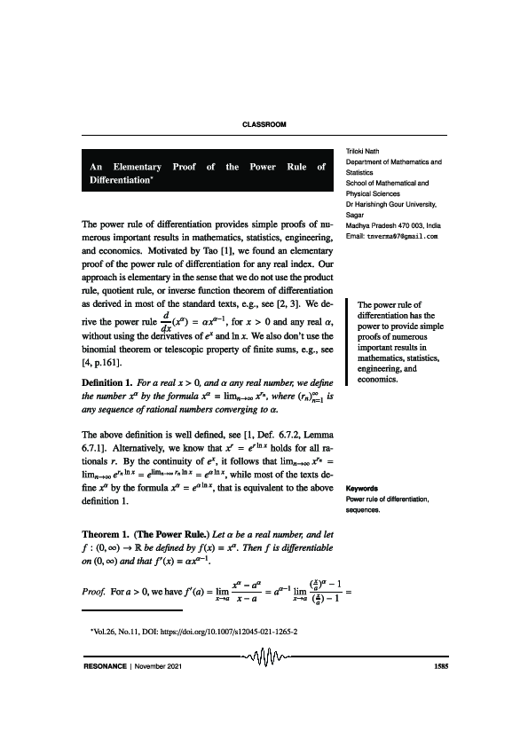 (PDF) An Elementary Proof of the Power Rule of Differentiation