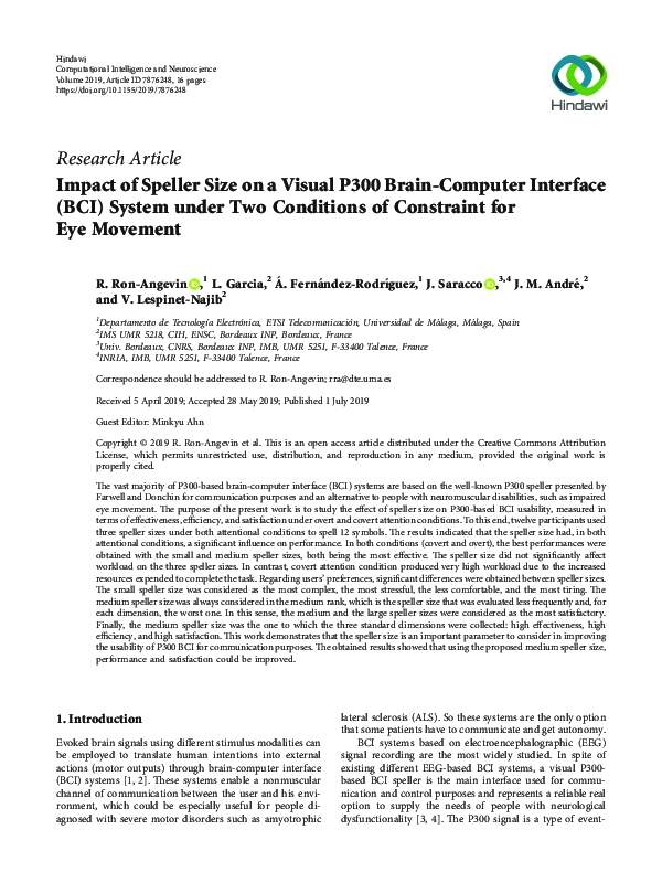 (PDF) Impact of Speller Size on a Visual P300 Brain-Computer Interface ...