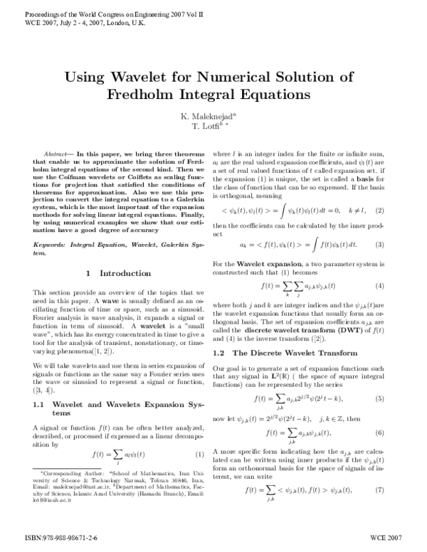 Pdf Using Wavelet For Numerical Solution Of Fredholm Integral Equations