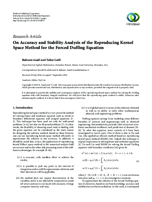 (PDF) On Accuracy and Stability Analysis of the Reproducing Kernel Space Method for the Forced ...