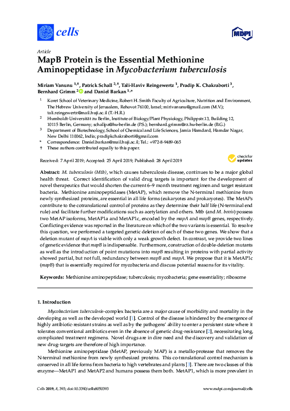 (PDF) MapB Protein is the Essential Methionine Aminopeptidase in Mycobacterium tuberculosis