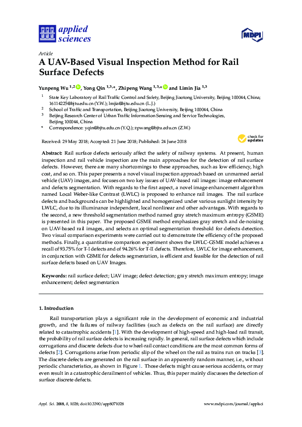(PDF) A UAV-Based Visual Inspection Method for Rail Surface Defects