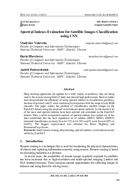 (PDF) Spectral Indexes Evaluation for Satellite Images Classification using CNN